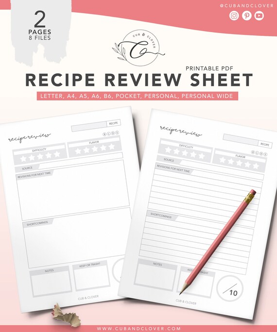 RECIPE REVIEW SHEET Printable Weekly Meal Planner Meal | Etsy