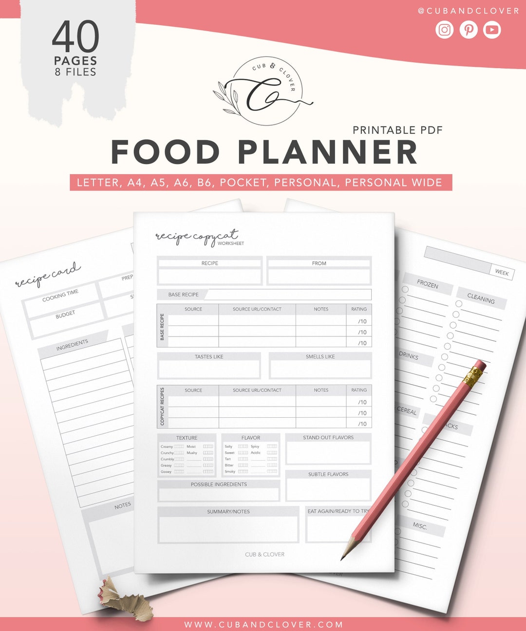 FOOD & RECIPE Planner | Printable | Weekly Meal Planner, Meal Planner ...