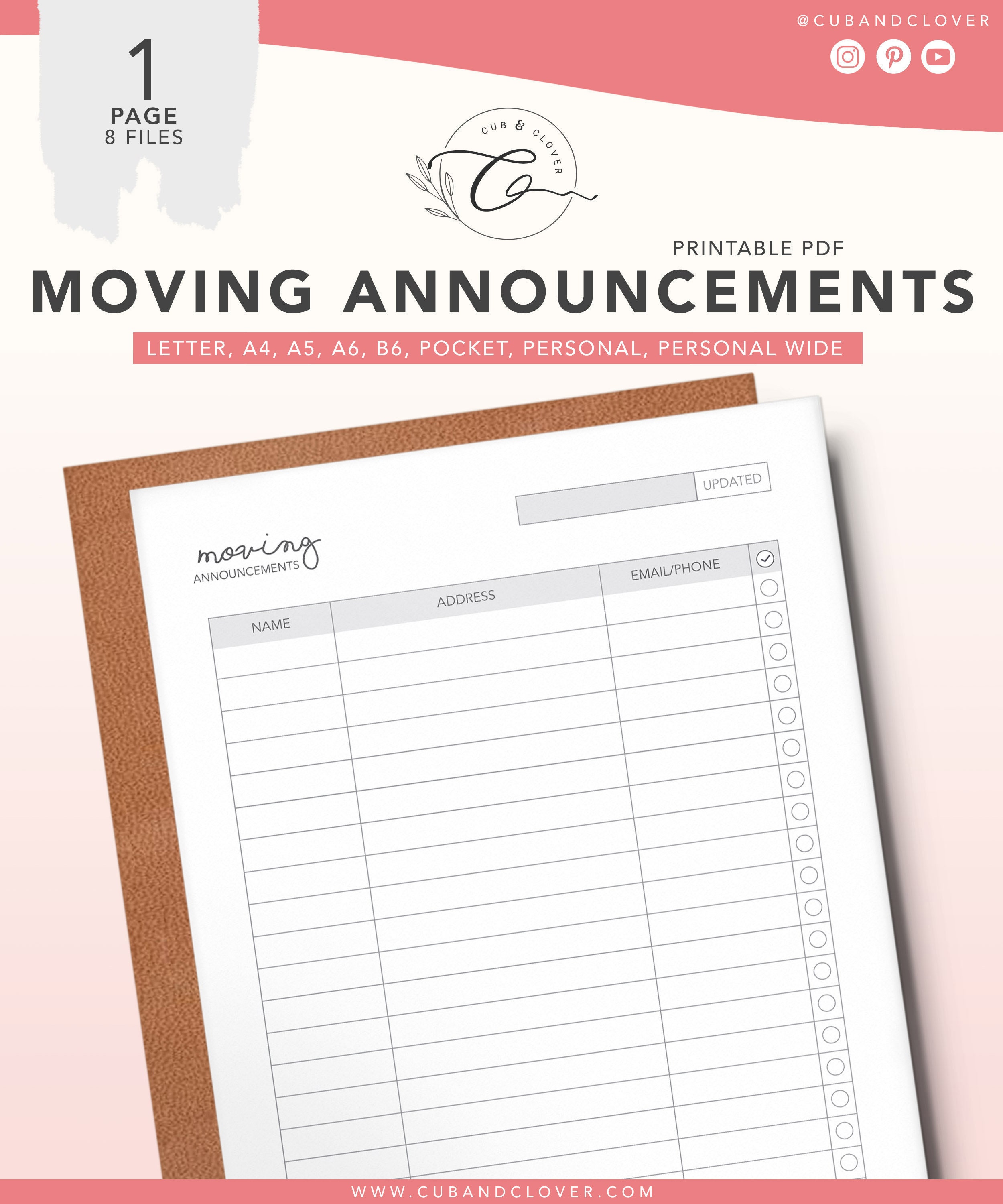 MOVING ANNOUNCEMENTS SHEET | Printable | Household Planner ...