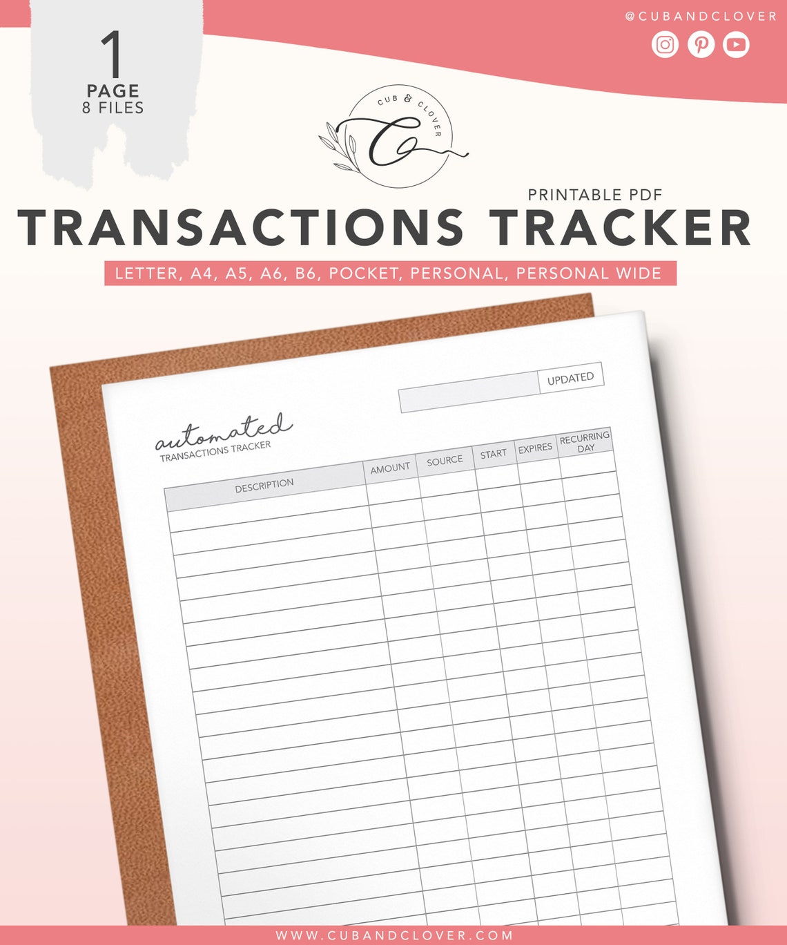 AUTOMATED TRANSACTIONS TRACKER Printable Budget Planner, Debt & Bill an ...
