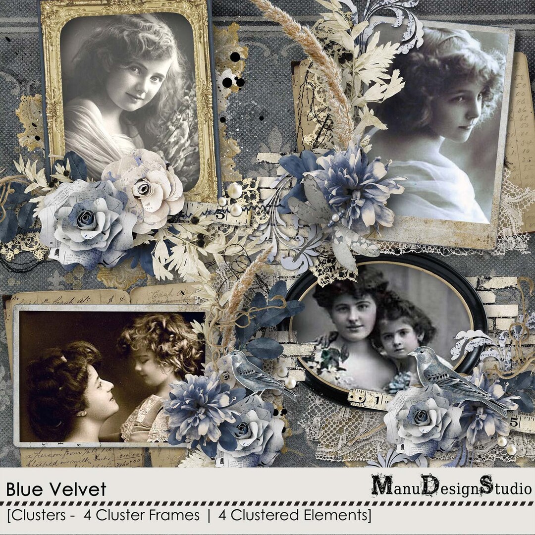 Digital Vintage Scrapbook Clusters and Frame Clusters, Blue Velvet - Etsy