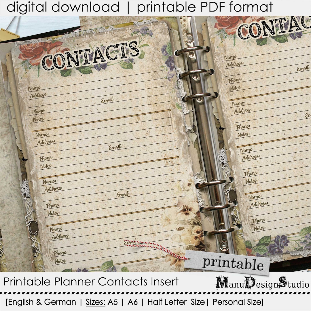 Printable Address Page, Instant Download, Sizes: A5, A6, Personal Size ...