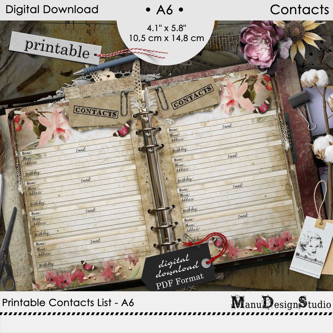 Printable Contacts Page, A6 Address Book, Vintage Style Planner Inserts ...