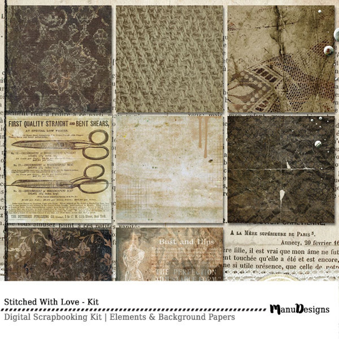 Digital Scrapbooking Kit, Vintage Sewing Scrapbook Kit, Scrapbook ...