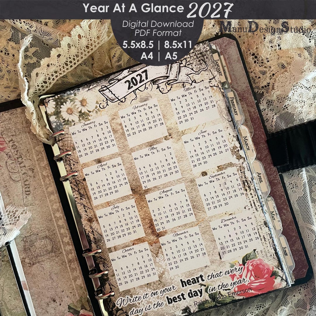 2027 Year at A Glance Planner Page Printable | A5, A4, 5.5x8.5, 8.5x11 ...