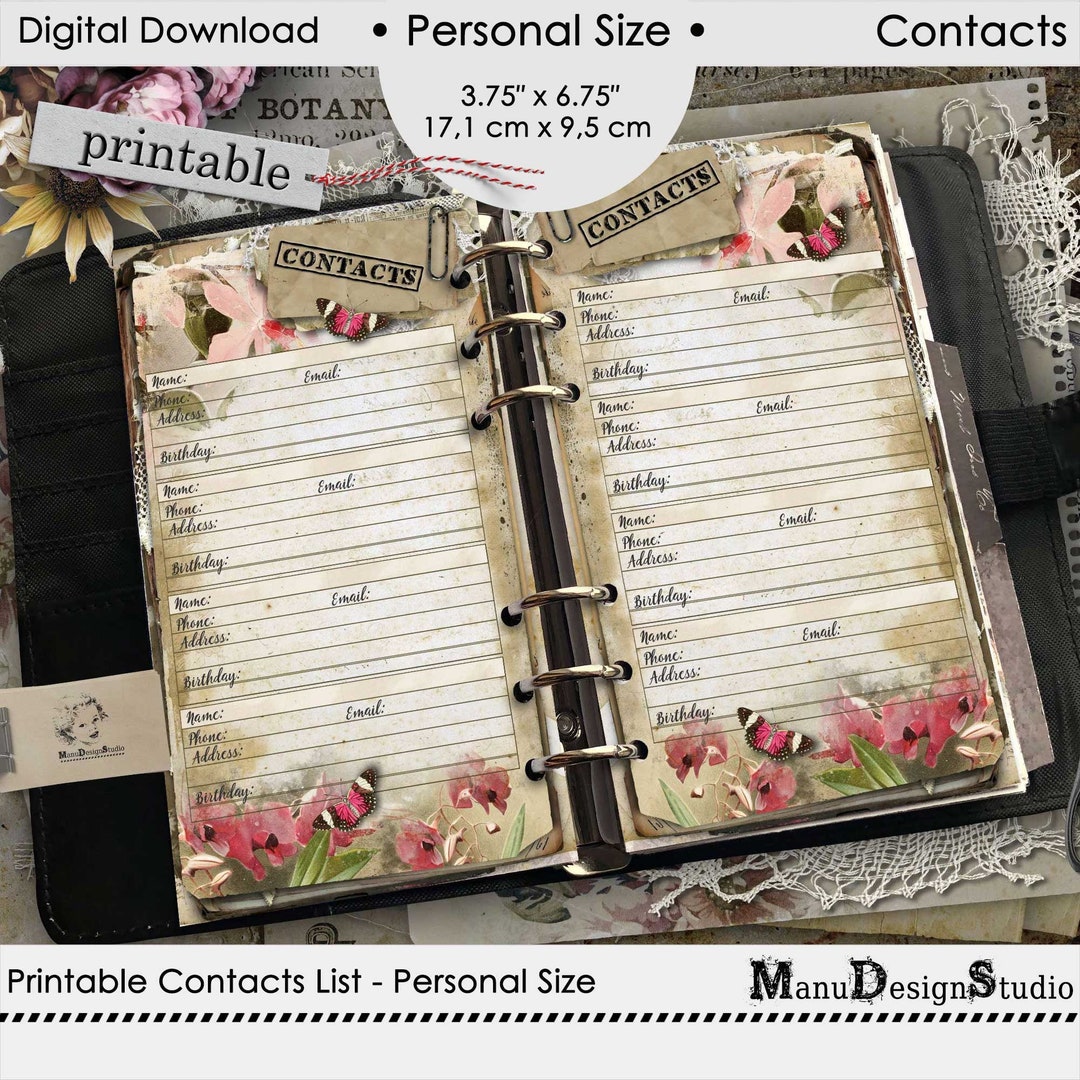 Printable Contacts Page, Personal Size Address Book, Vintage Style ...