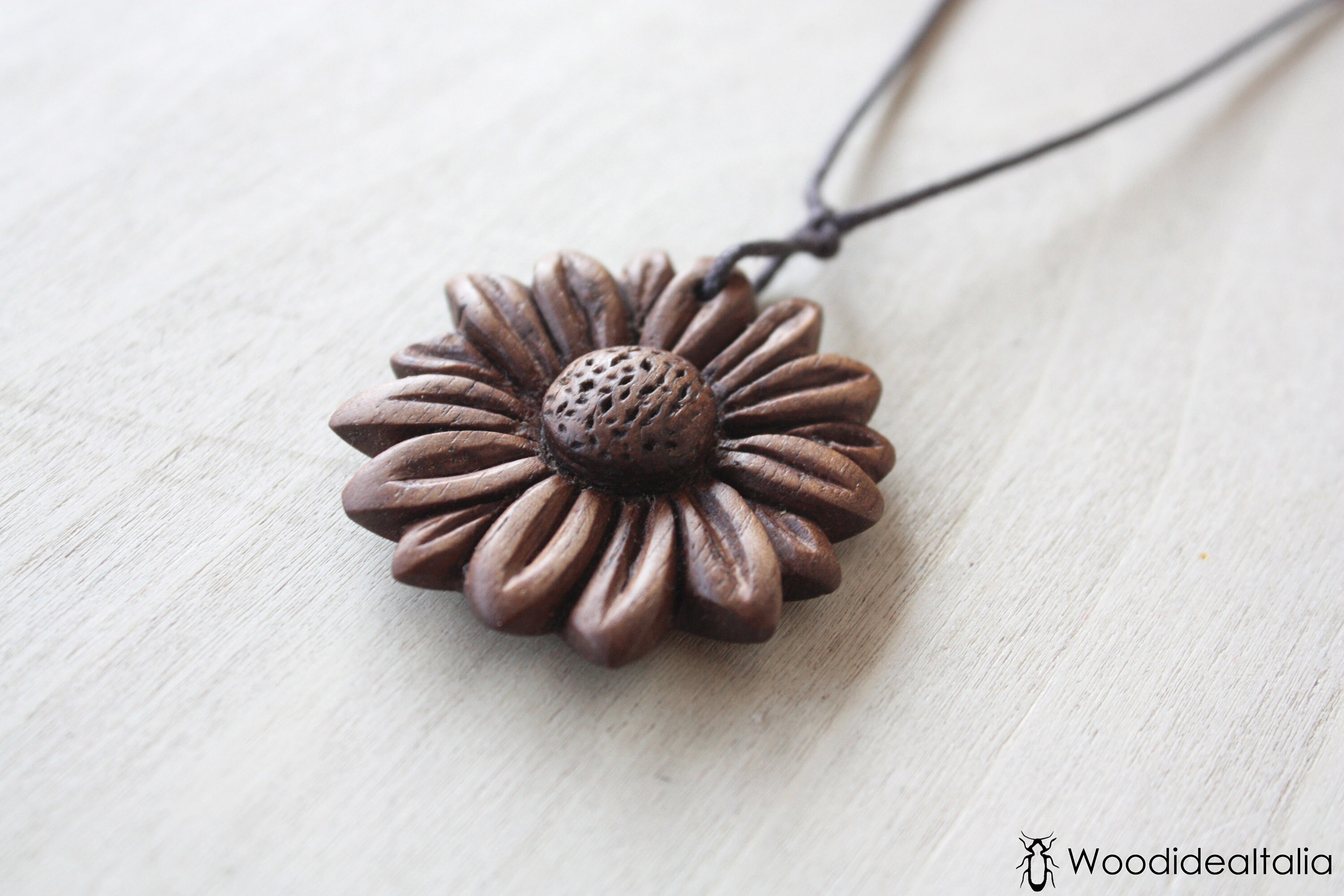 Daisy Pendant Carved in Walnut Hardwood, Necklace With Daisy Flower in ...