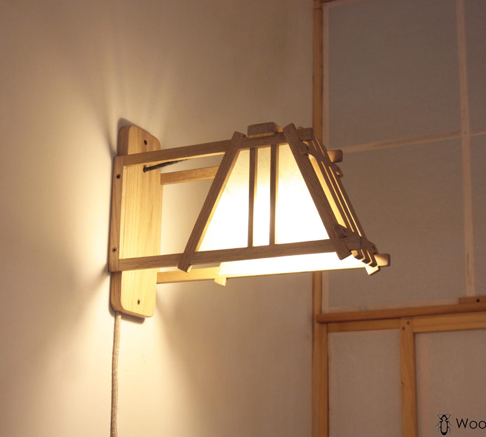 Oak Wood and Rice Paper Wall Light, Design Wall Light, Narrow Wall ...