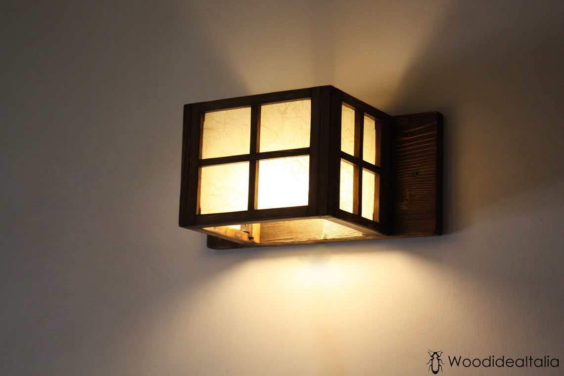 Wall Lamp in Solid Wood and Rice Paper Wooden Wall Lamp | Etsy
