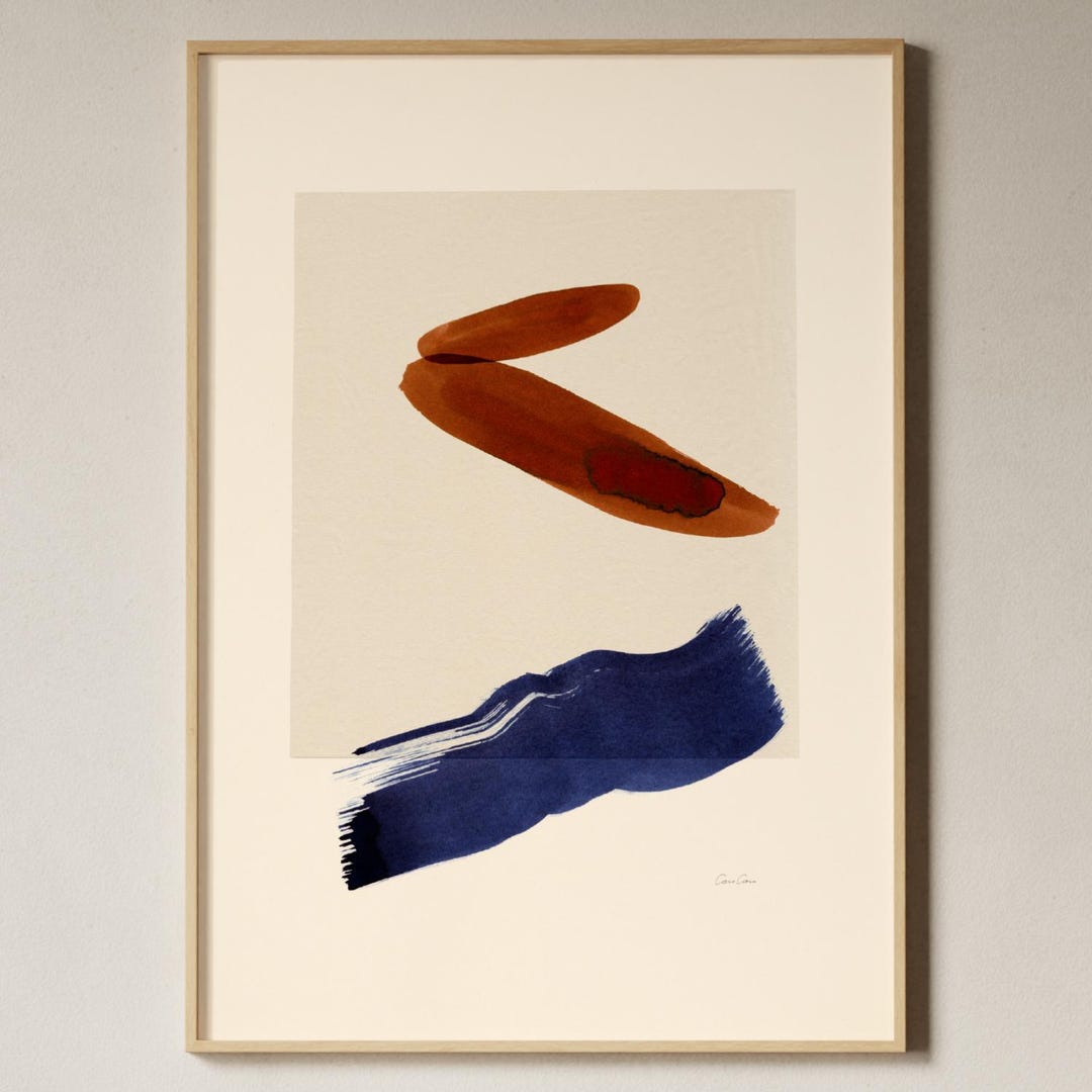Abstract Ink Art Print: Blue & Rusty Red Japandi Poster - Etsy