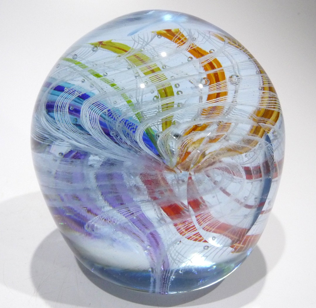 Hand Blown Glass Art Paperweight, Reticello Glass, Dirwood Glass, Red ...