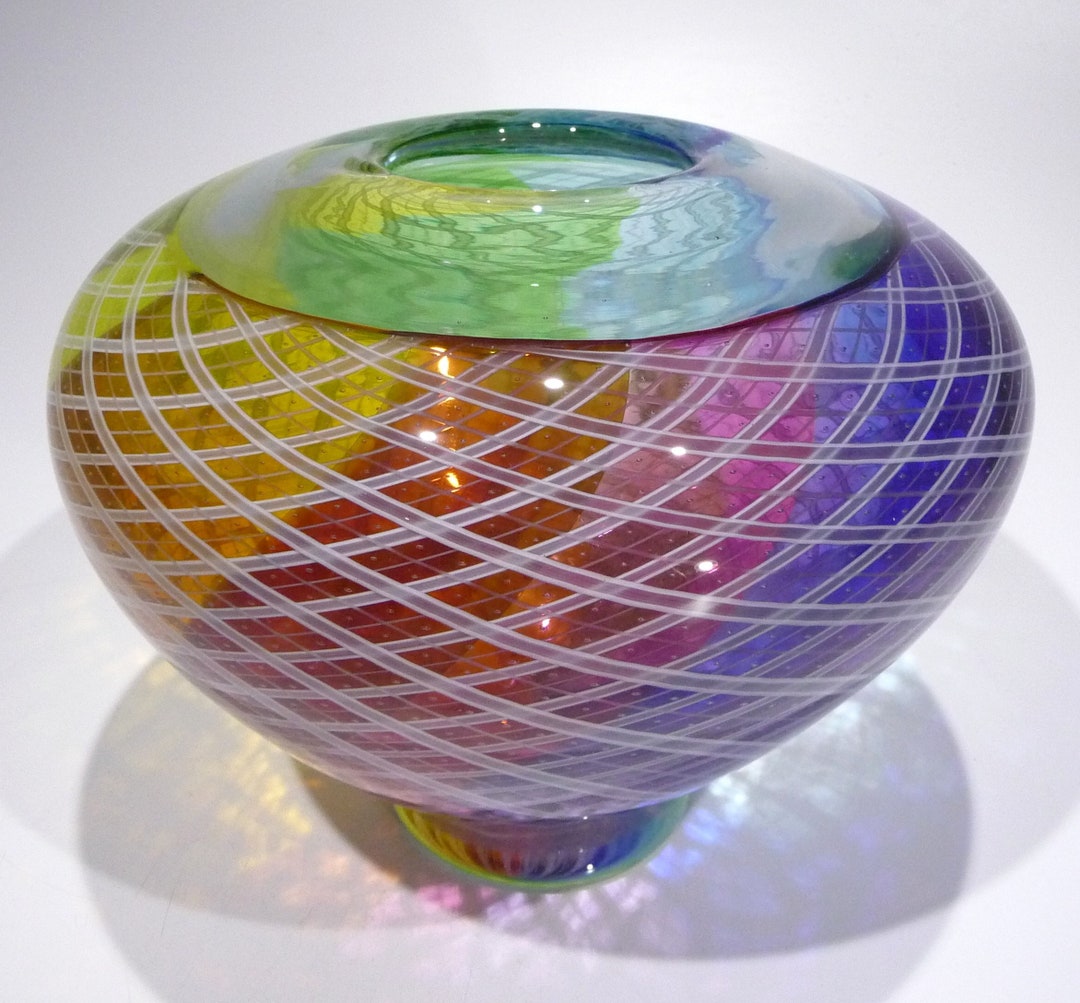 Hand Blown Glass Art Reticello Vase, Rainbow Colors, Red Blue Green ...