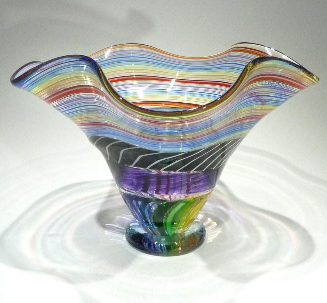 Hand Blown Glass Art Bowl and Table Centerpiece, Rainbow Colors ...