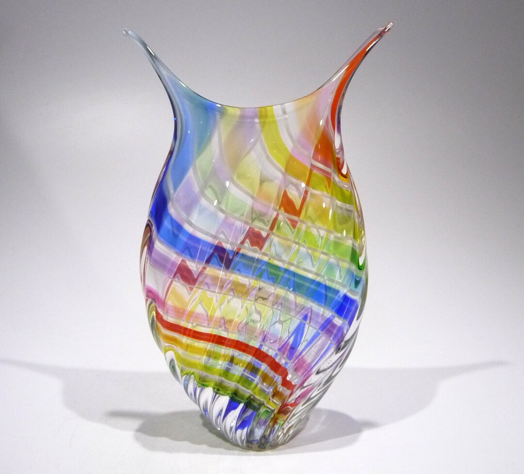 Hand Blown Glass Art Sculpture, Complex Italian Cane Process, Red, Blue ...