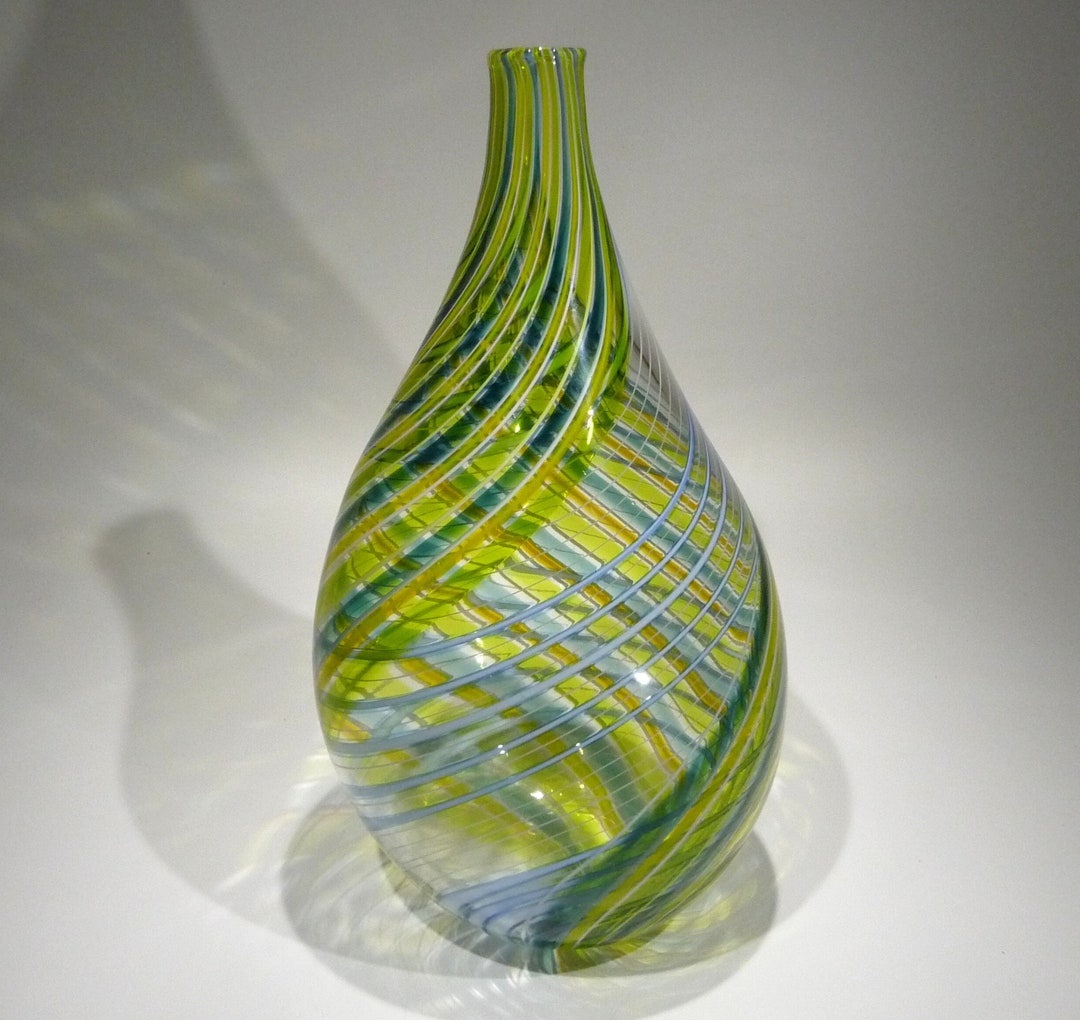 Very Large Hand Blown Glass Art Vase, Table Centerpiece, Cane Process ...