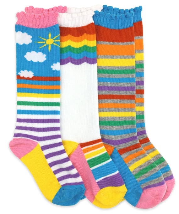 Girls Rainbow Socks 3 Pair Knee High Stripe Clouds Scallop Ruffle Lace Pattern Fashion Novelty Fun Colorful Cotton Everyday Valentines Gift Etsy