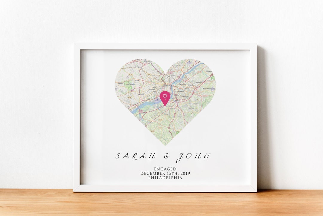 Engagement Print Heart Map With Frame | Personalized Gift for Couple ...