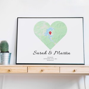 Engagement Print Heart Map With Frame | Personalized Gift for Couple ...