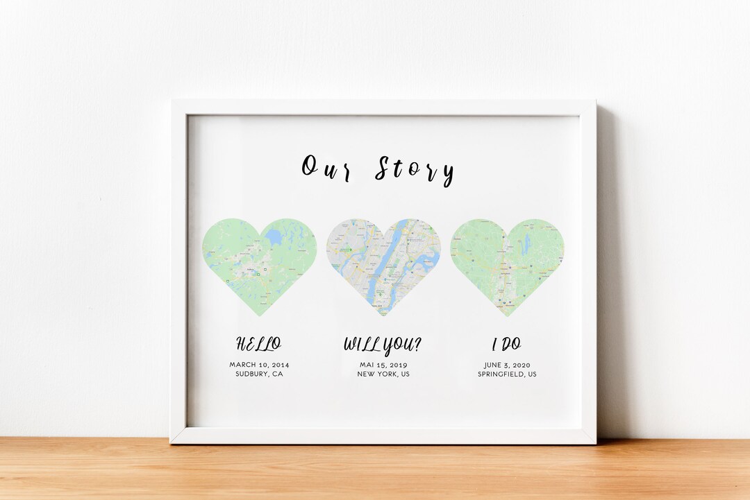 Met Engaged Married Heart Map Print, Engagement Gift for Couple With ...