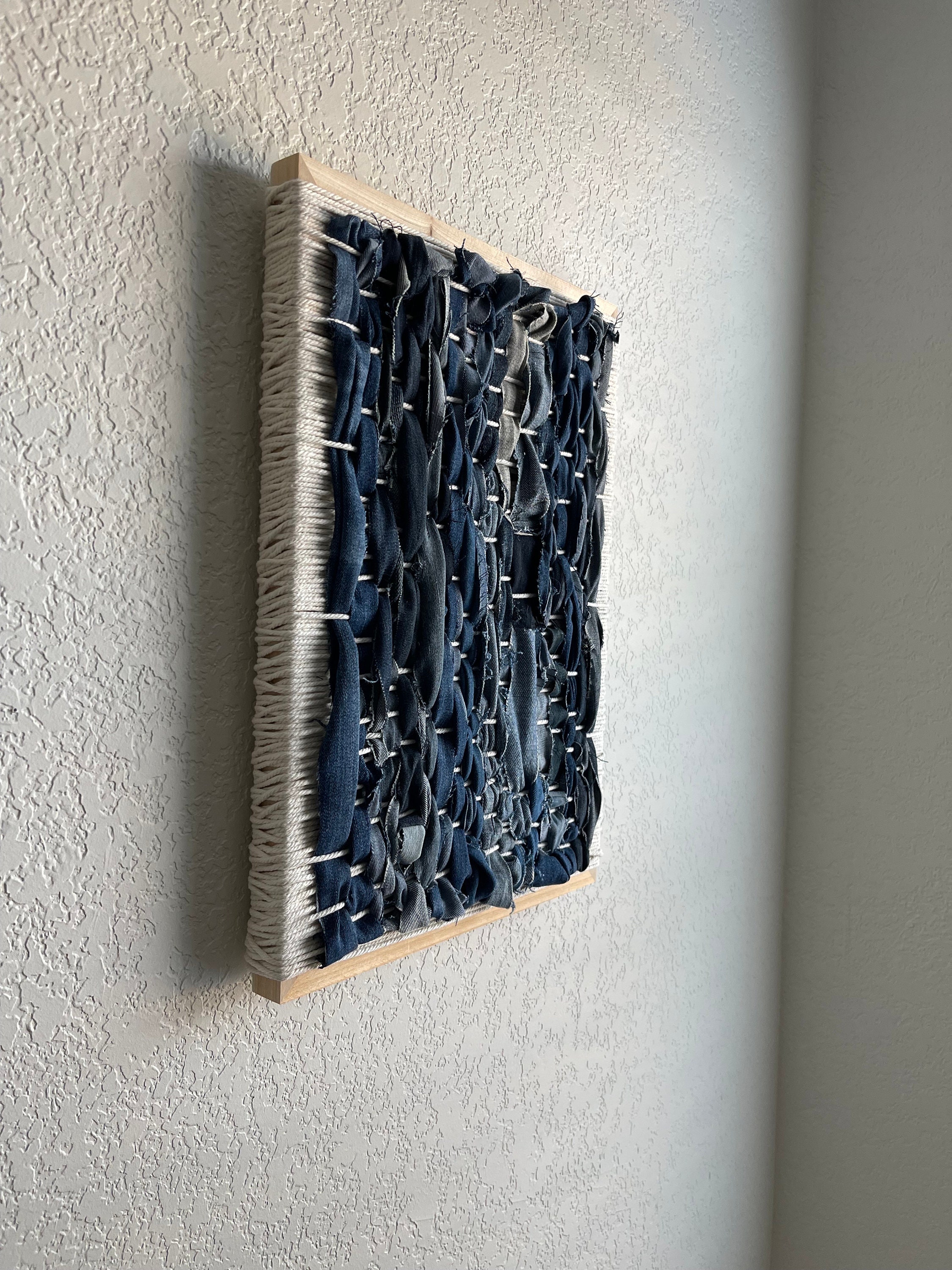 Woven Denim Wall Hanging, Neutral Fiber Art, Modern Recycled Textile ...