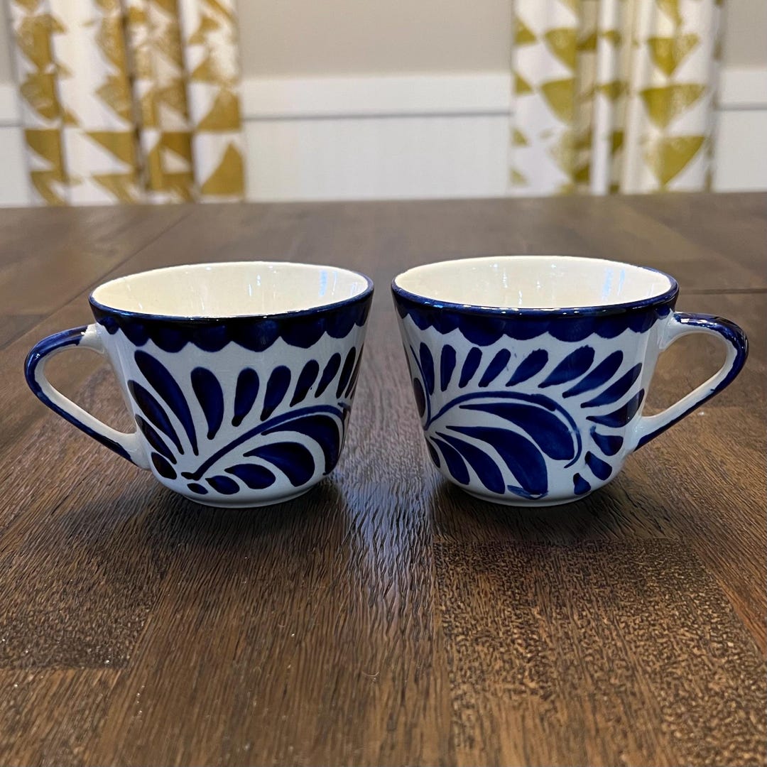 Two Blue and White Hand-painted Anfora Puebla 8oz Cups, Demitasse Cups ...