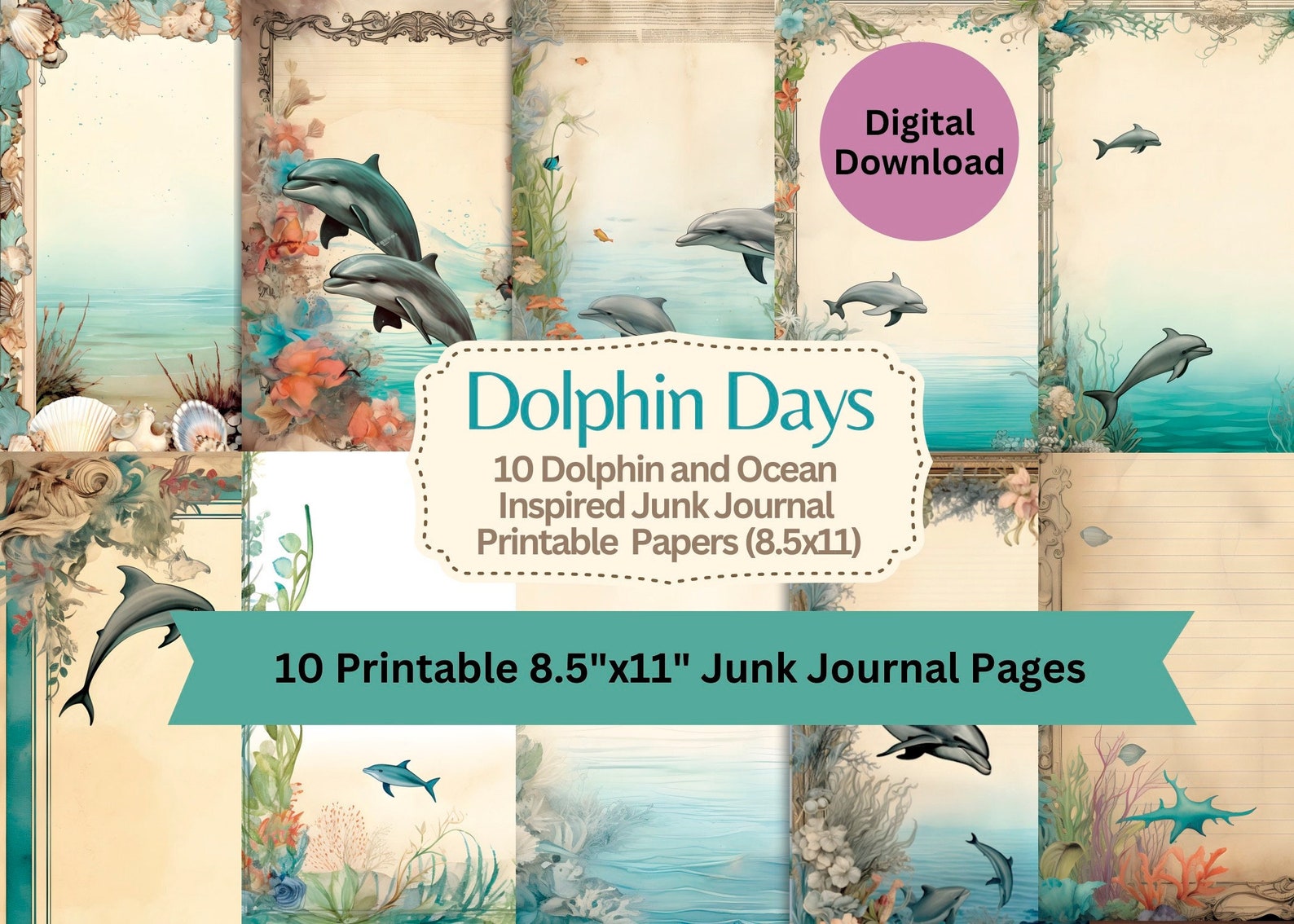 Junk Journal, Pages, Dolphin, Papers, Kit, Blue, Illustrated, Ocean ...