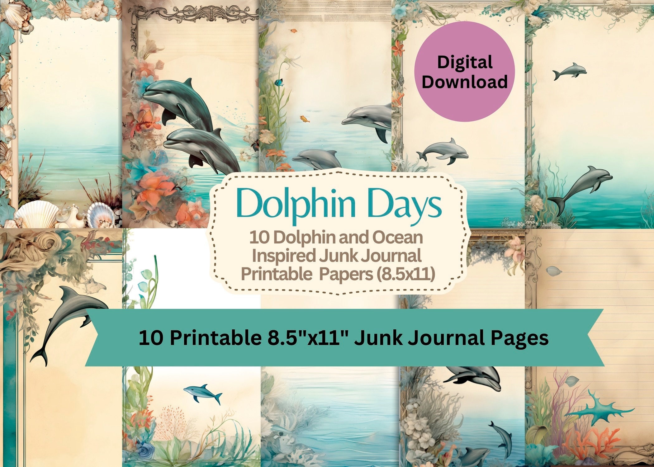Junk Journal, Pages, Dolphin, Papers, Kit, Blue, Illustrated, Ocean ...