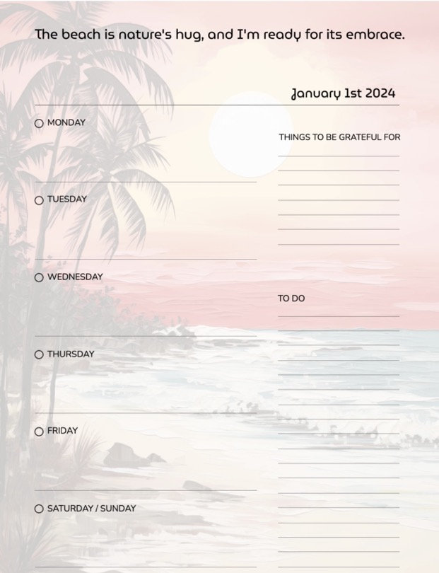Printable 2024 Weekly Planner - Beach Sunset Motifs - Weekly To-do ...