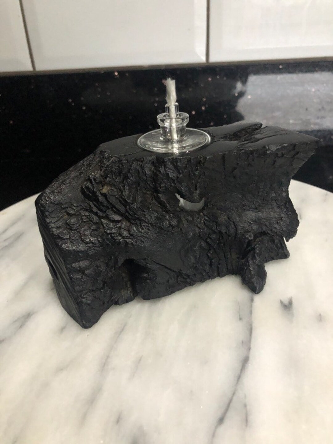 Unique Bog Oak Oil Burner: Hand Blown Glass, Ancient Wood Base - Etsy