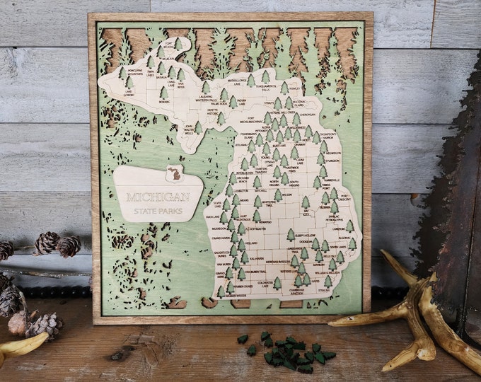 Michigan State Parks Map – Wooden Laser Engraved With Tree Markers ...