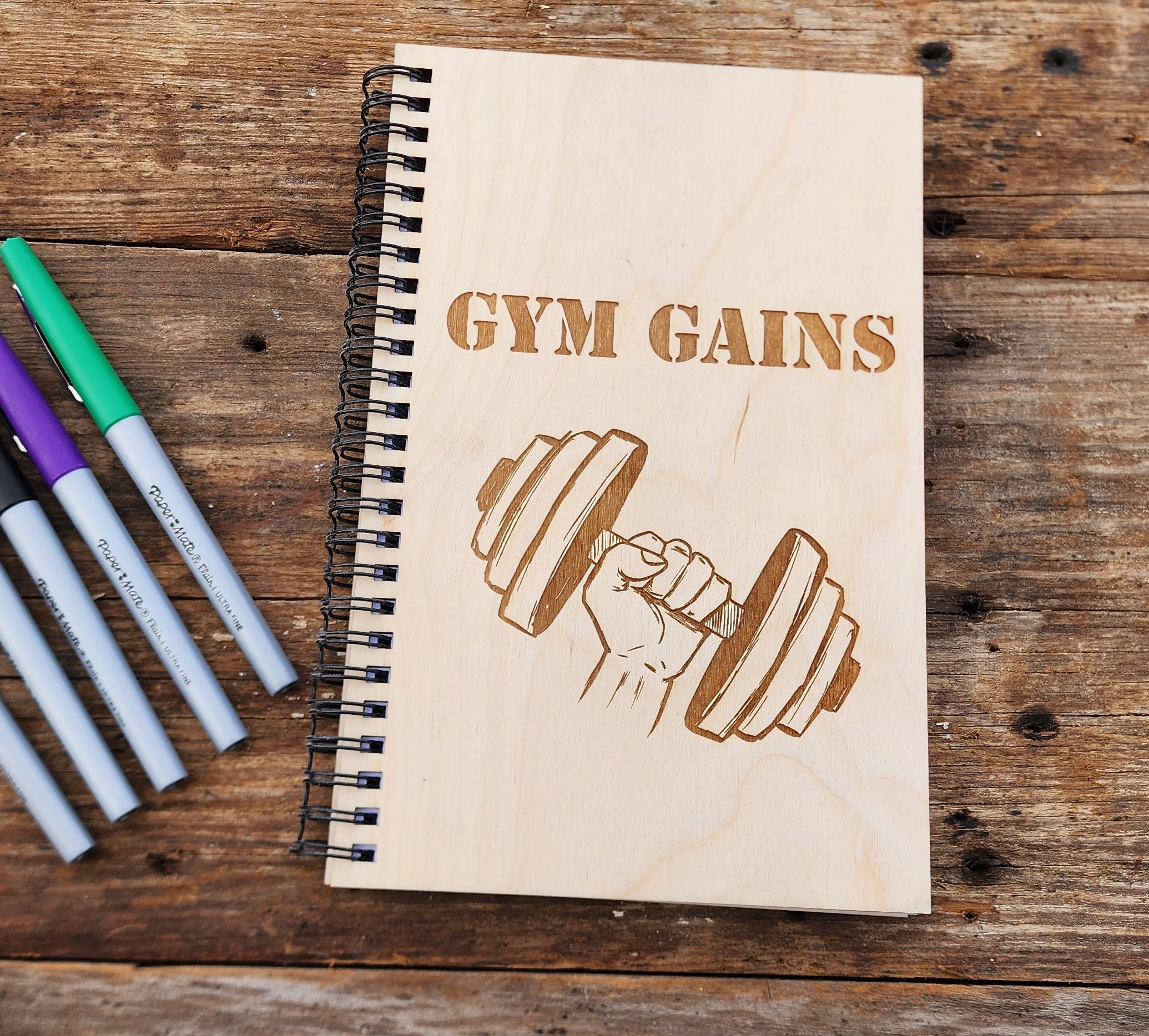 Health Journal, Weight Lifting Notebook, Spiral Notebook, Custom Wood ...