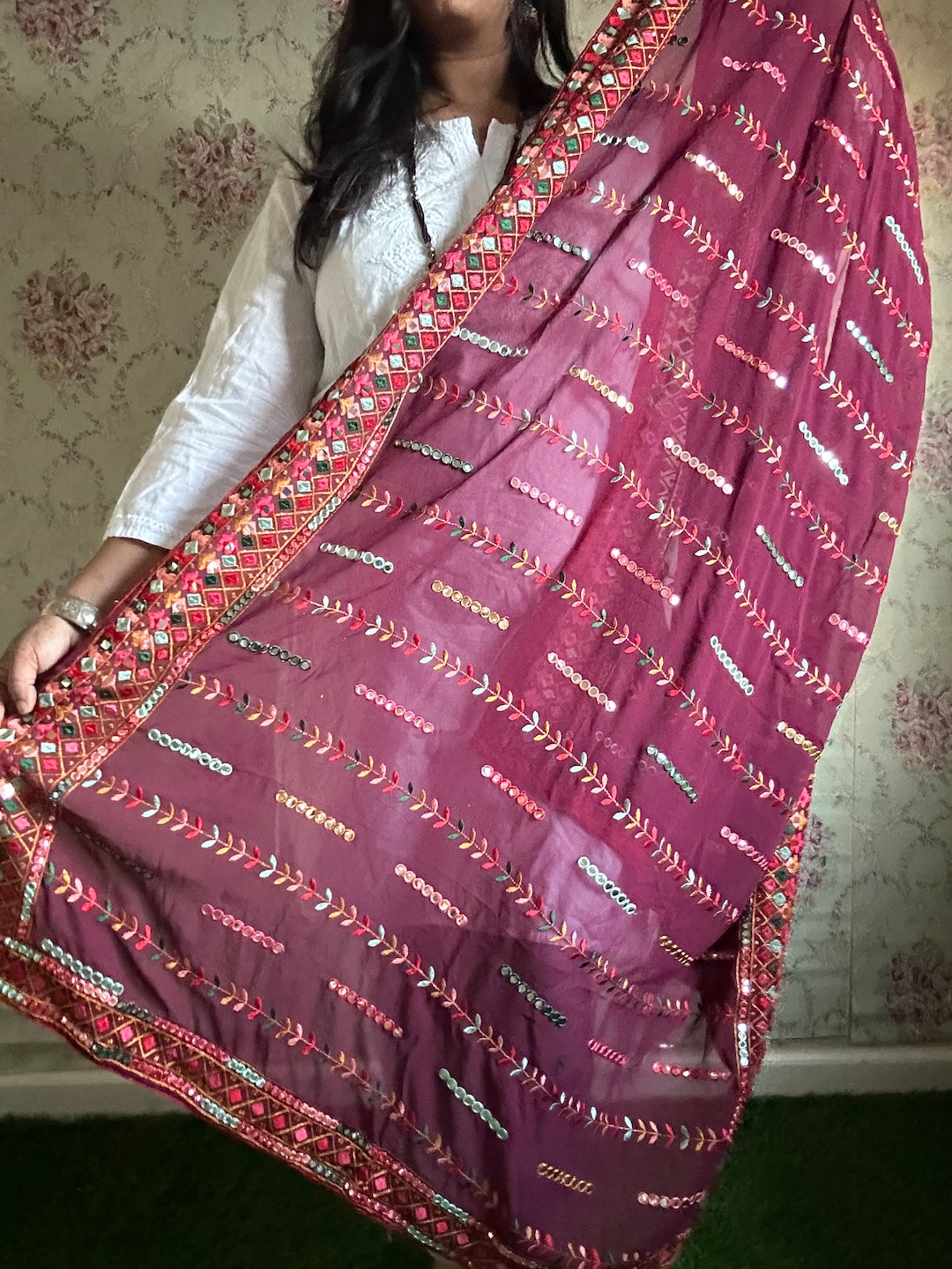 Embroidered Lace Dupatta With Fake Mirror Work/ Hand Embroidered ...