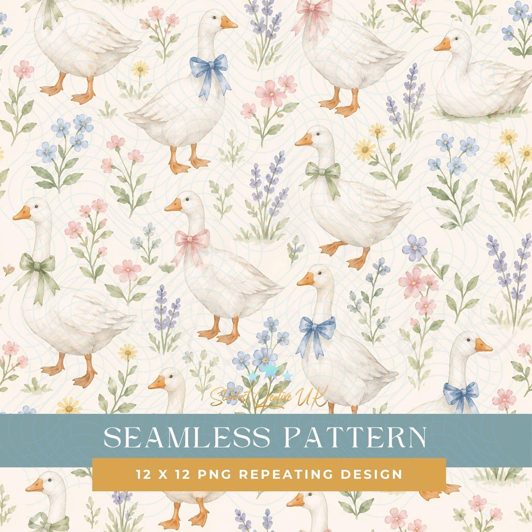 Watercolor Goose Seamless Pattern, Coquette Geese in Bows Digital Paper ...