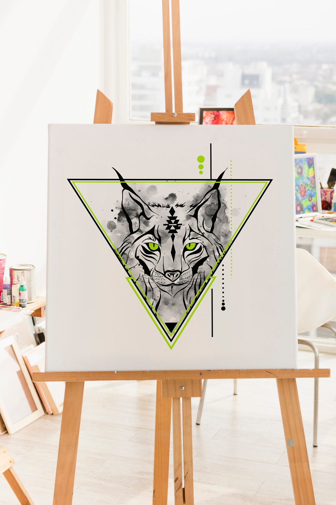 Geometrical Lynx Bobcat Animal Spirit Totem Framed Canvas Geometric Art ...