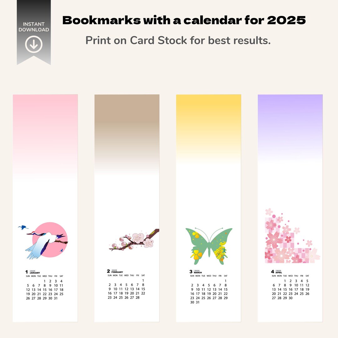 A Set of Japanese Style Illustrated Bookmarks With a Calendar for 2025 ...