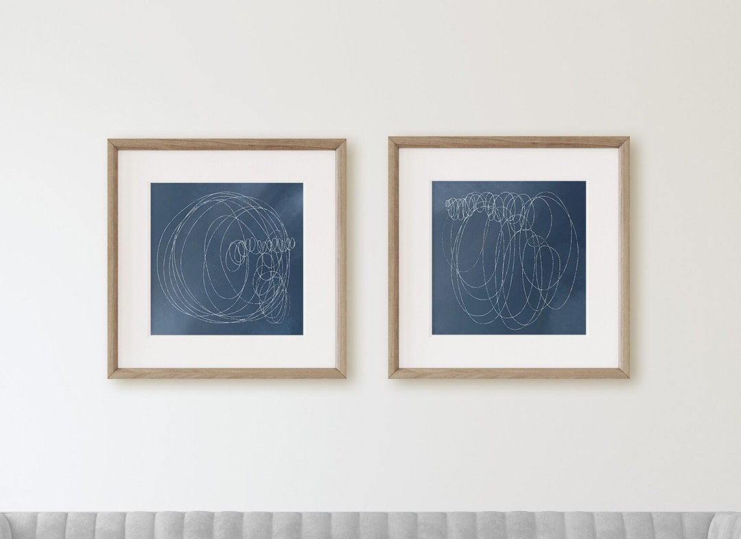 Set of 2 Scribble Art Prints, Modern Abstract Printable Art, Navy Line ...