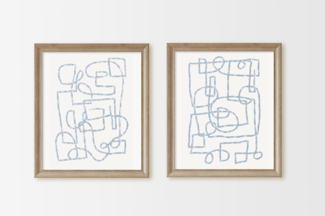 Blue Abstract Art, Set of 2 Scribble Art Prints, Neutral Tones Blue ...