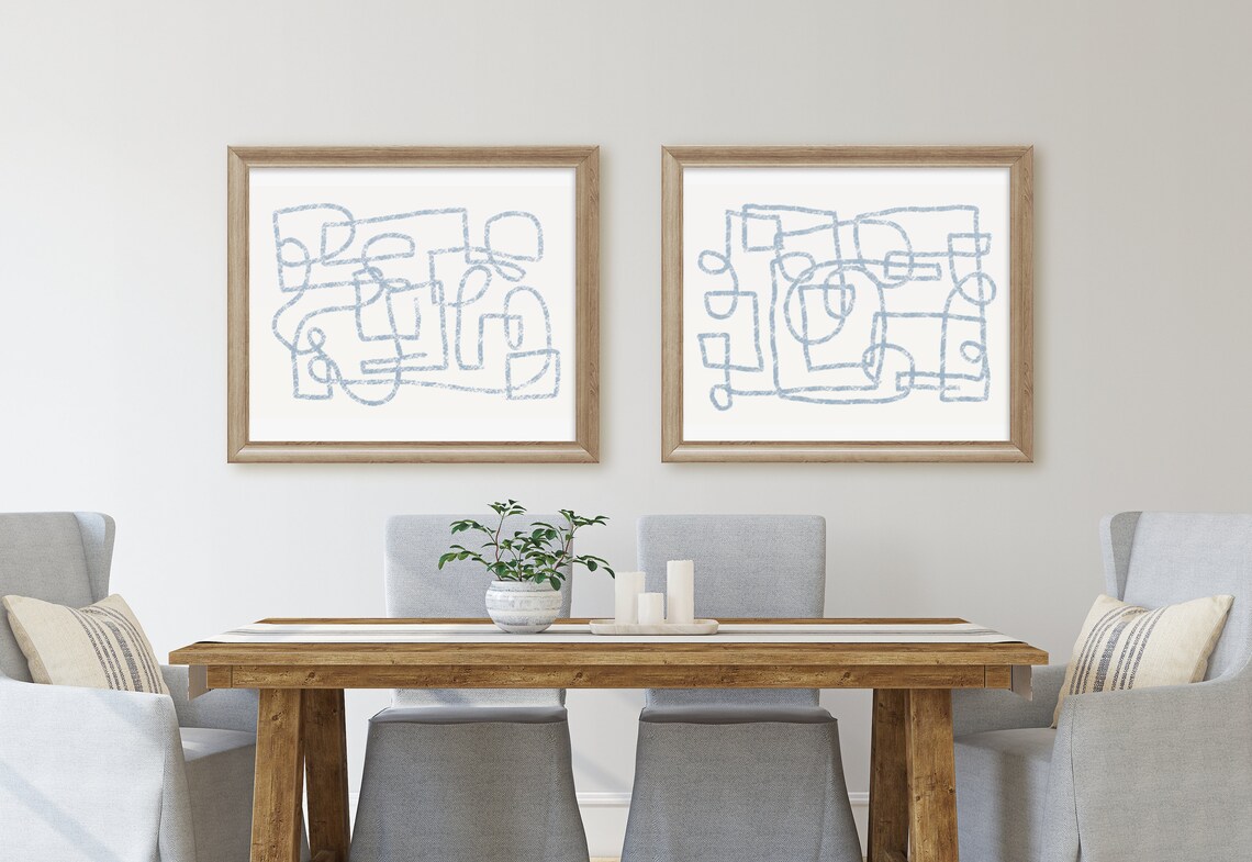 Blue Abstract Art, Set of 2 Scribble Art Prints, Neutral Tones Blue ...