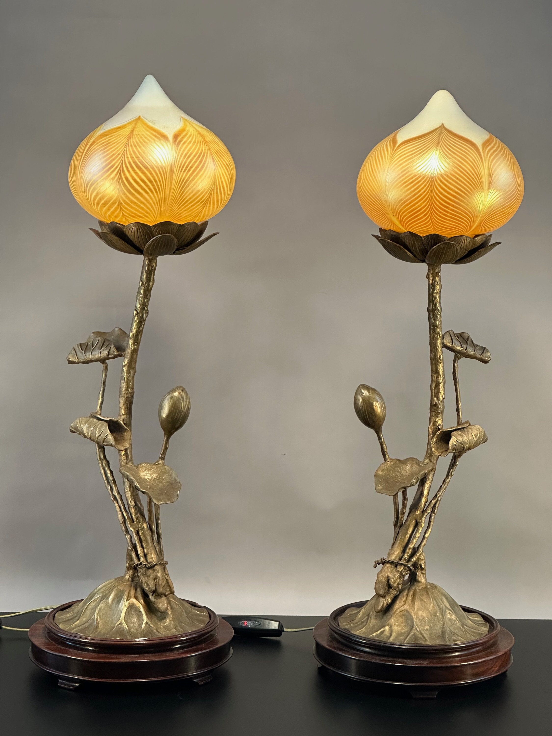 Bronze Art Nouveau Lotus Lamps mirrored Pair - Etsy