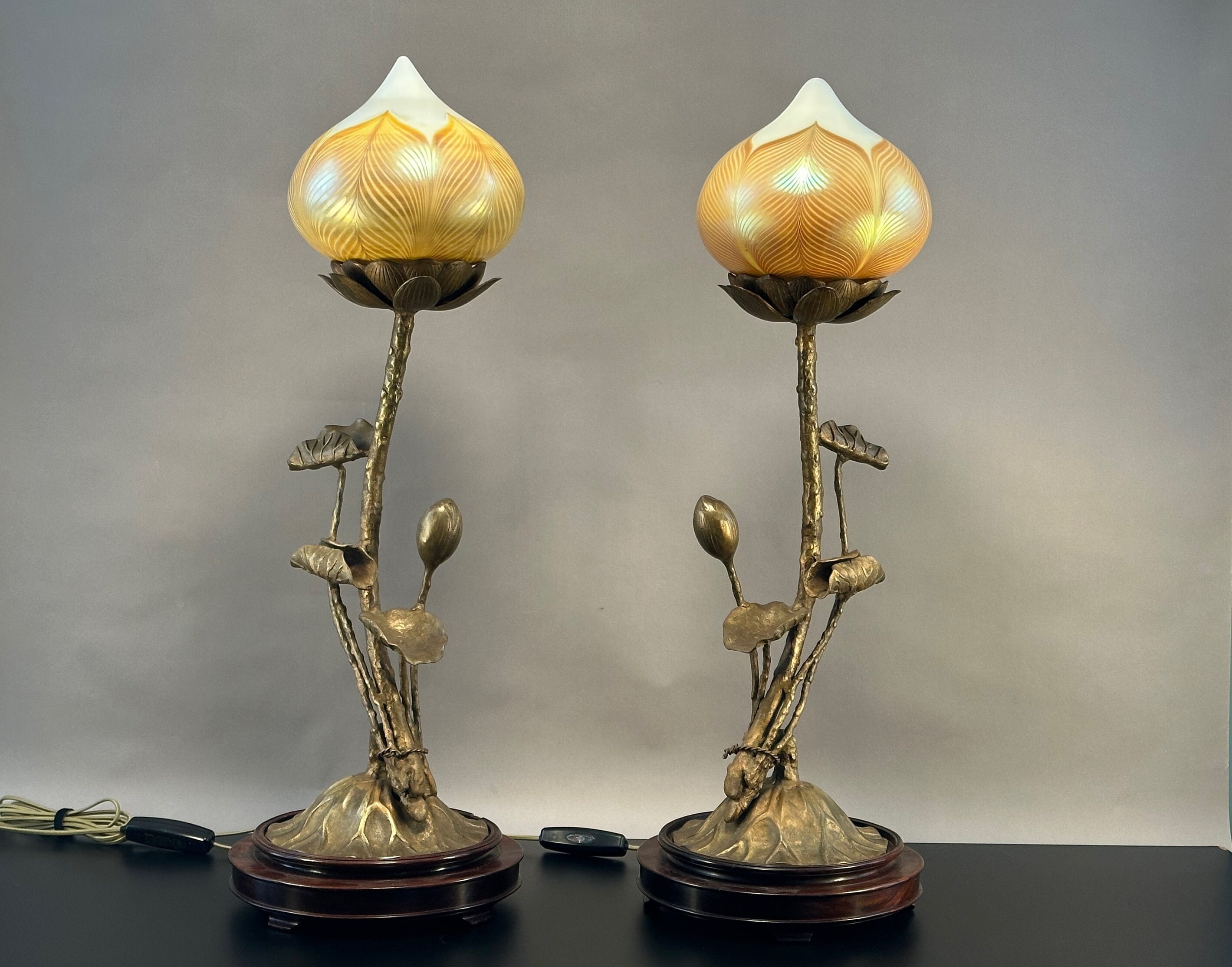 Bronze Art Nouveau Lotus Lamps mirrored Pair - Etsy