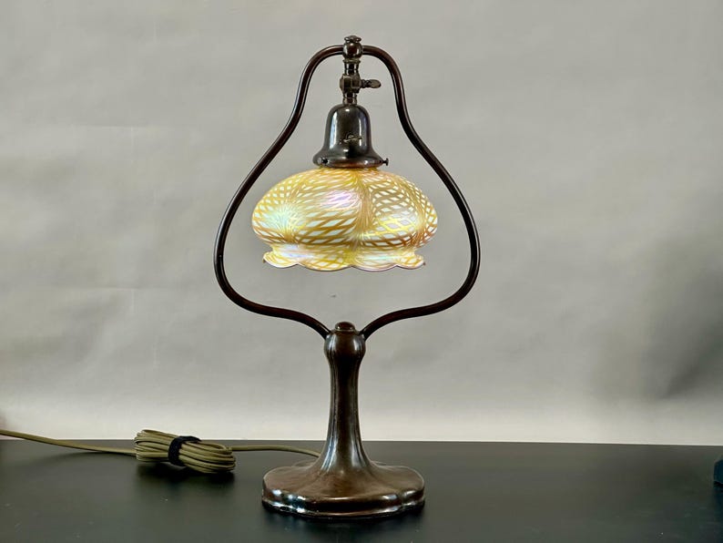 Handel Inverted Harp Desk Lamp With Quezal Shade - Etsy