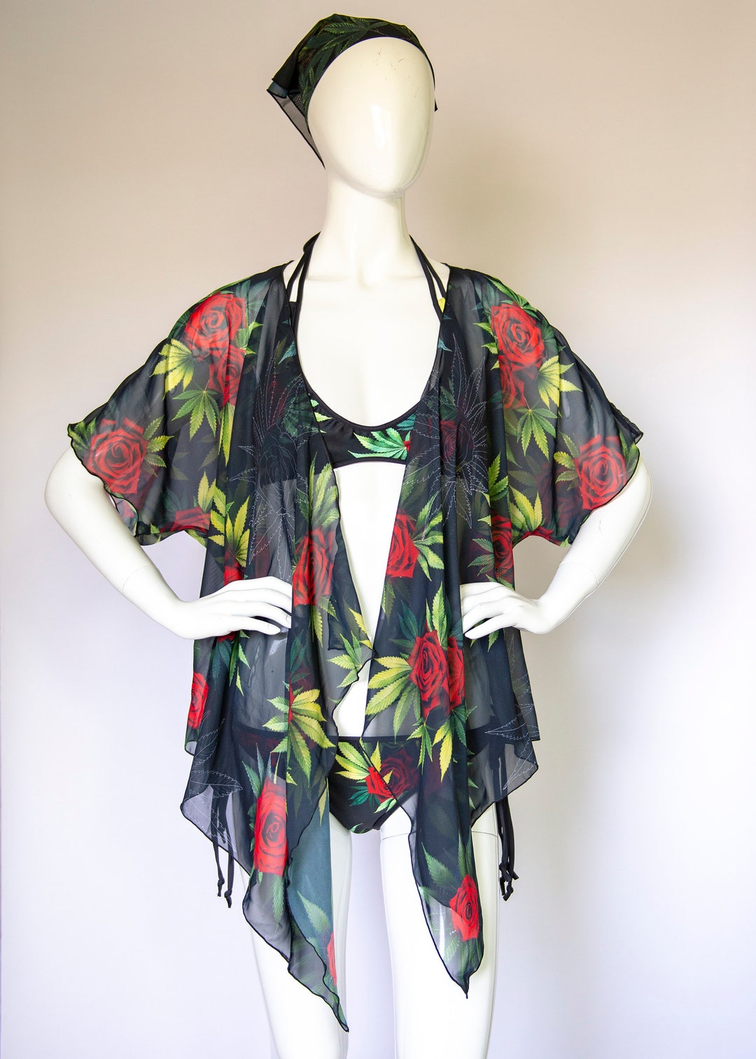 Rose Kimono Cardigan, Cannabis Kimono Jacket, Fringe Kimono, Marijuana ...