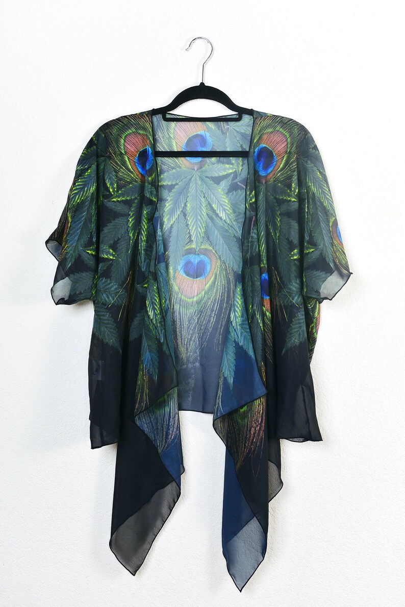 Peacock Kimono Jacket, Fringe Kimono Cardigan, Cannabis Sheer Kimono ...