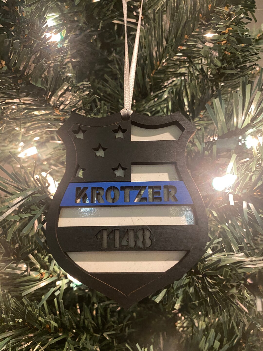 Personalized Dual Layer Police Badge Blue Line Ornament - Fully ...