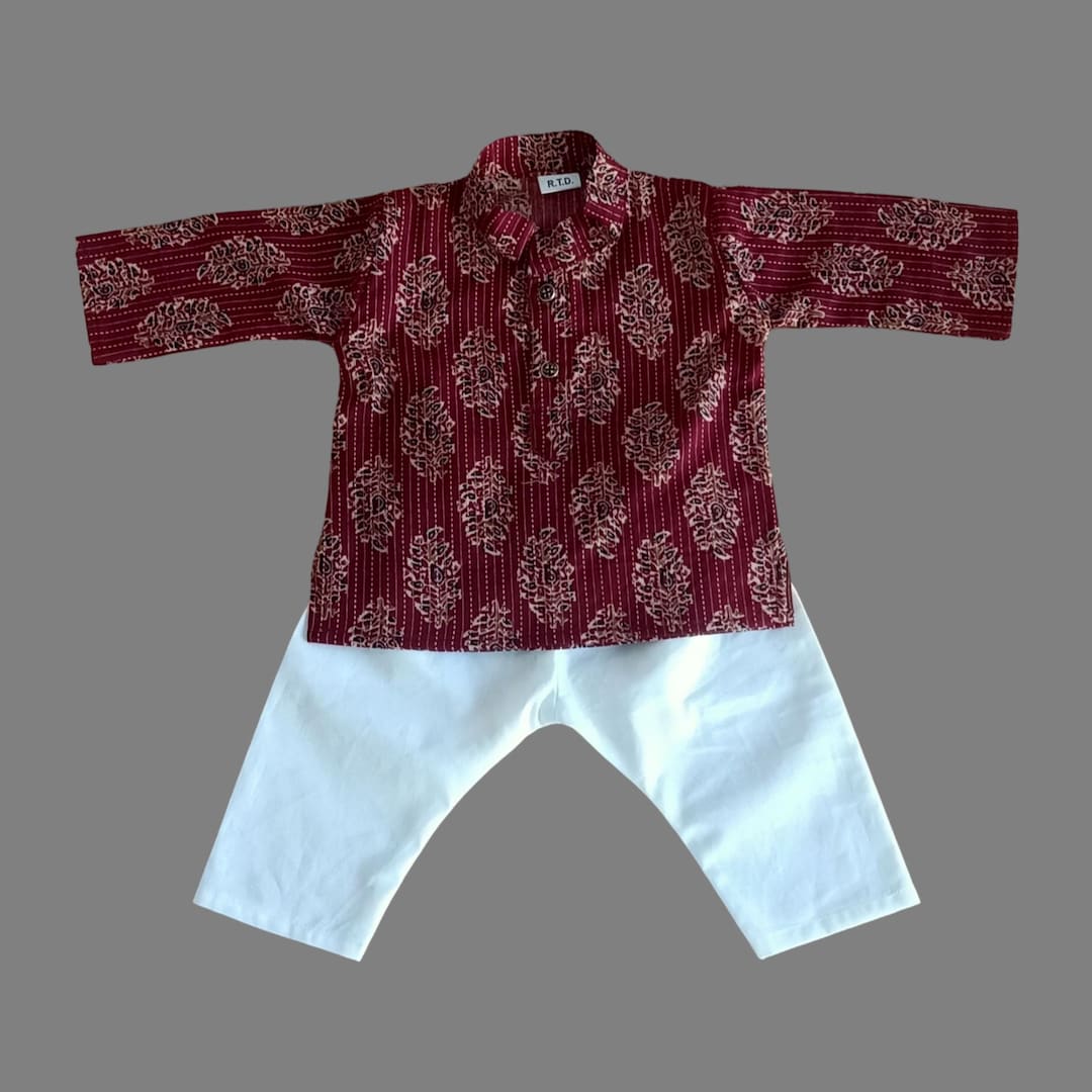 Block Print Red Shirt Indian Wedding Dress - Toddler Boy Ethnic Cotton ...