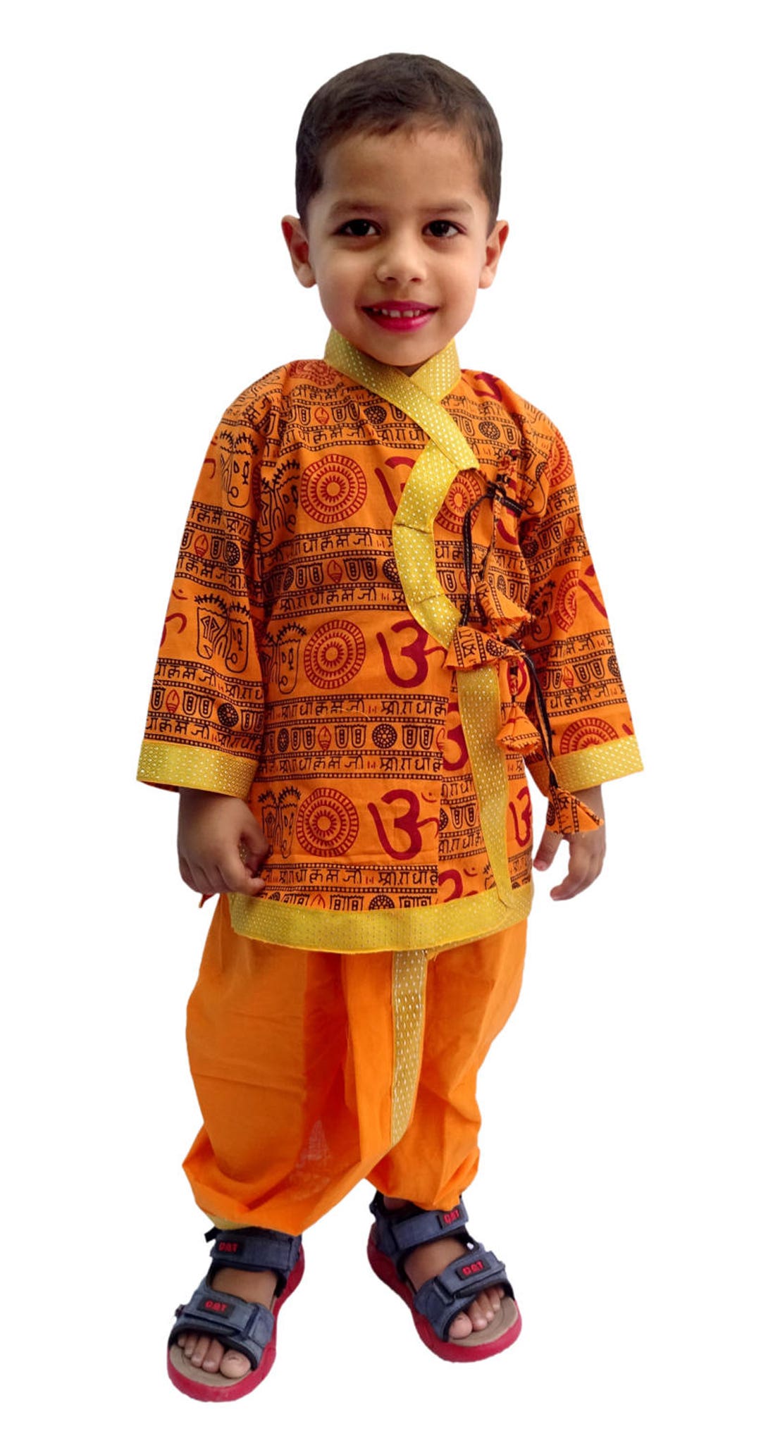 Indian Om Print Kurta Dhoti Set: Saffron Angrakha, Newborn Outfit ...