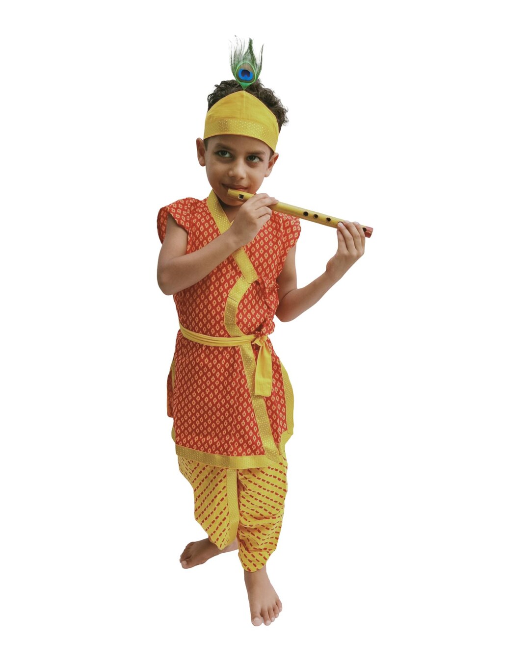 Kids Krishna Costume: Saffron Dhoti Kurta Set With Flute Indian Ethnic ...