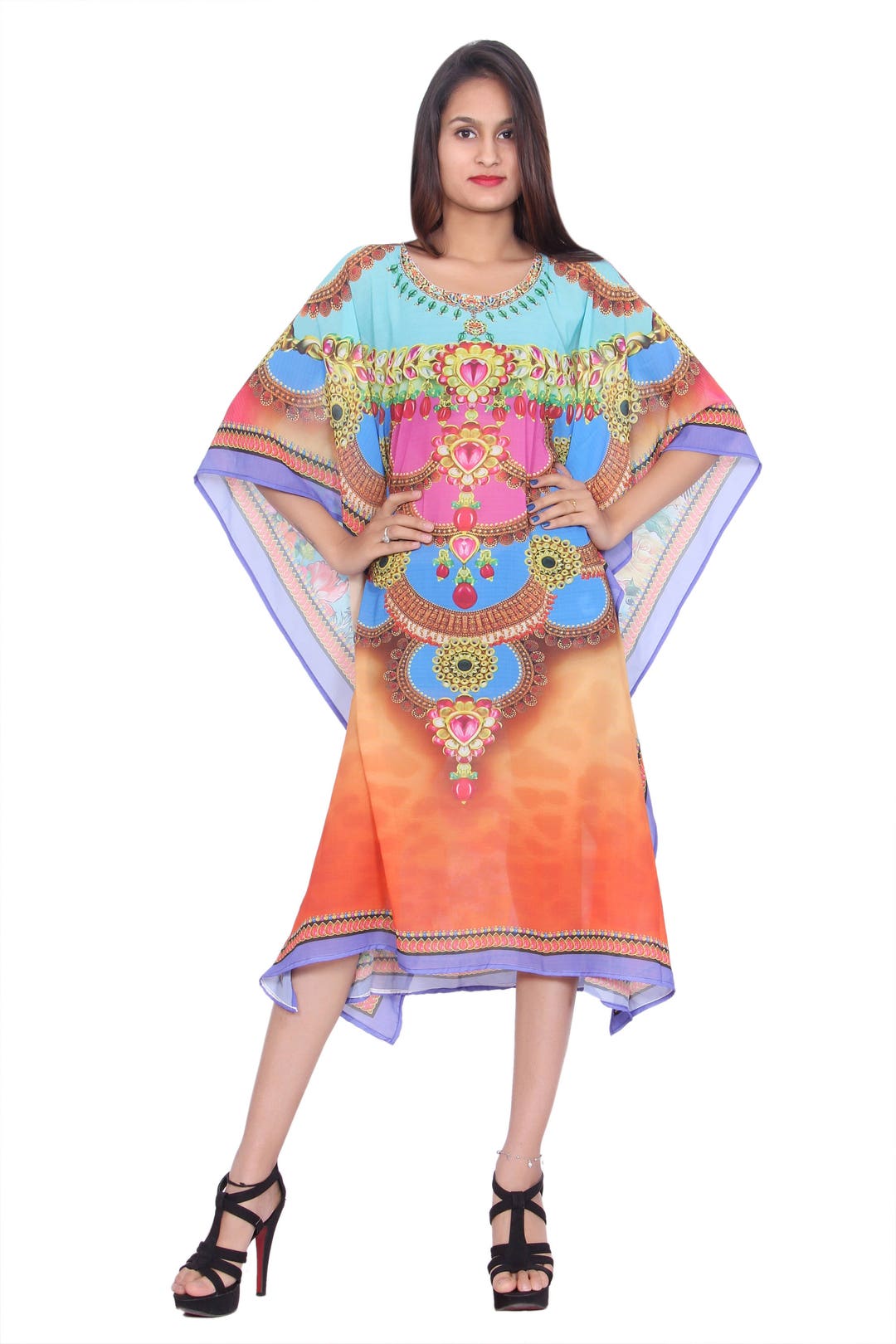 Lustrous Kaftan Dress | Designer Indian Digital Print Embellished ...