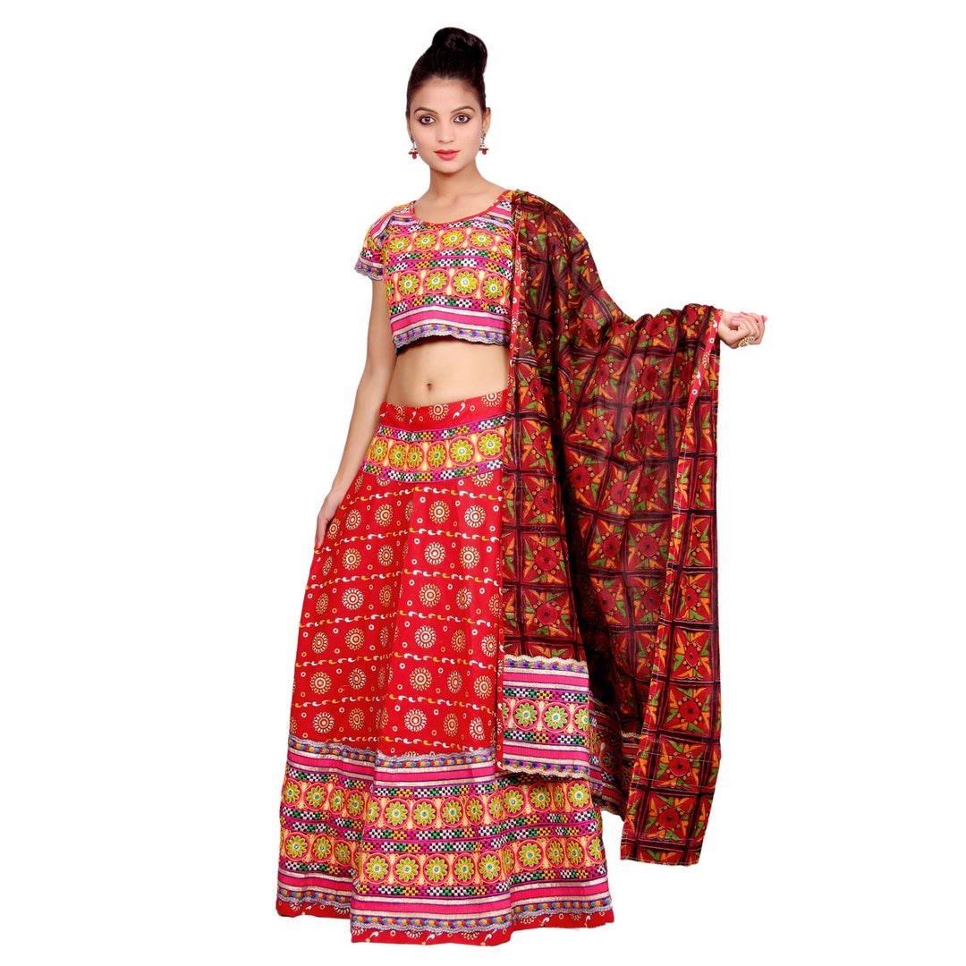 Red Embroidered Cotton Lehenga Choli Dupatta Set: Women's Traditional ...