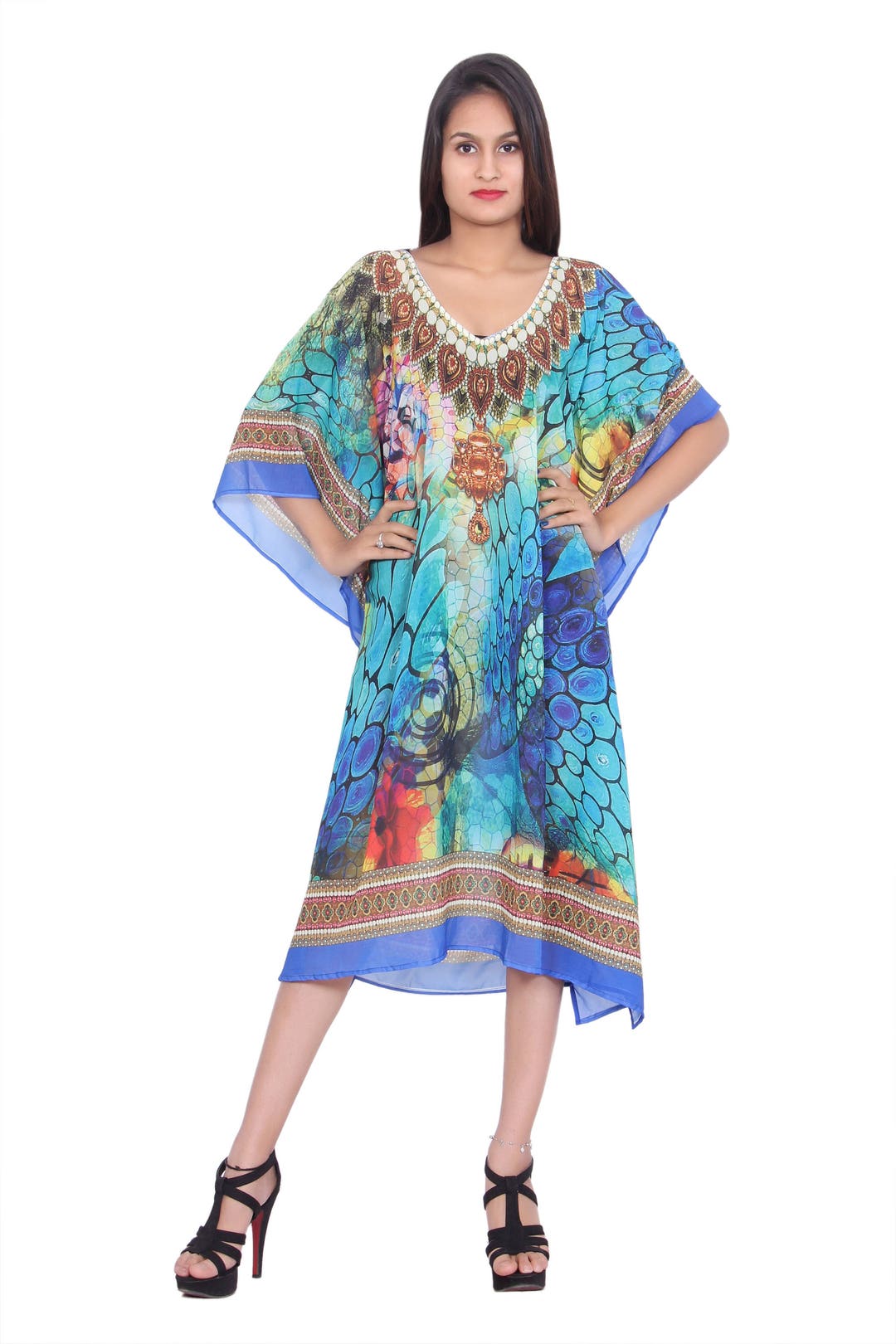 Indian Digital Print Embellished Caftan Dress, Multi Color Caftan Maxi ...